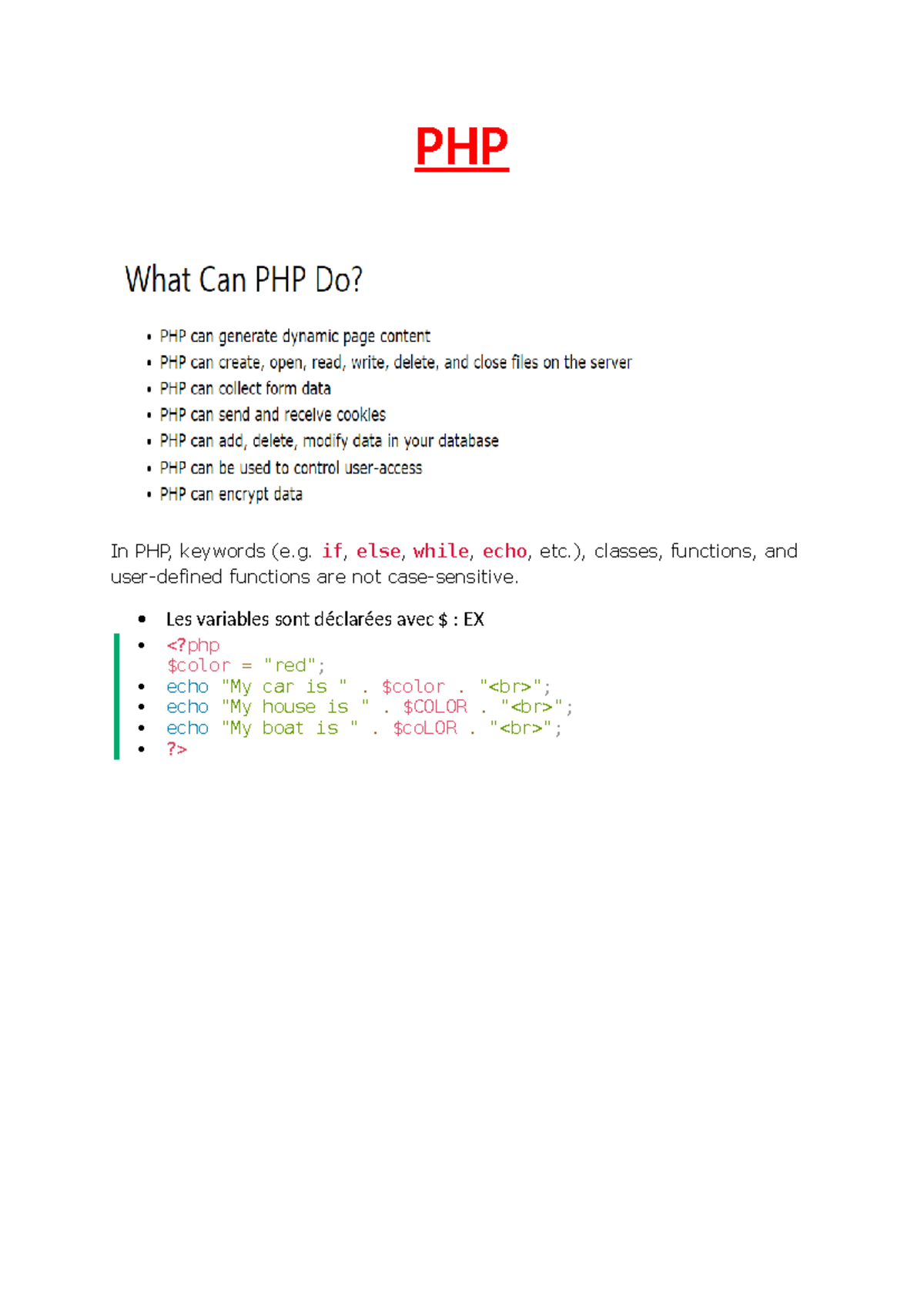 PHP - szsz - Mecanique du point - PHP In PHP, keywords (e. if, else, while, echo, etc.), classes ...