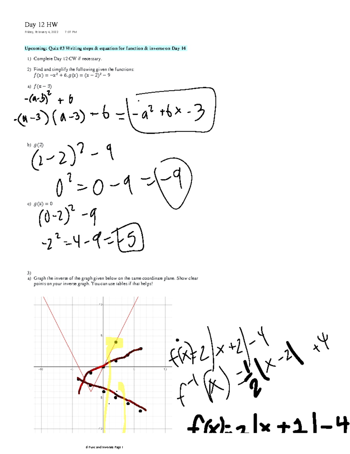 Day 12 HW - Upcoming: Quiz #3 Writing steps & equation for function ...