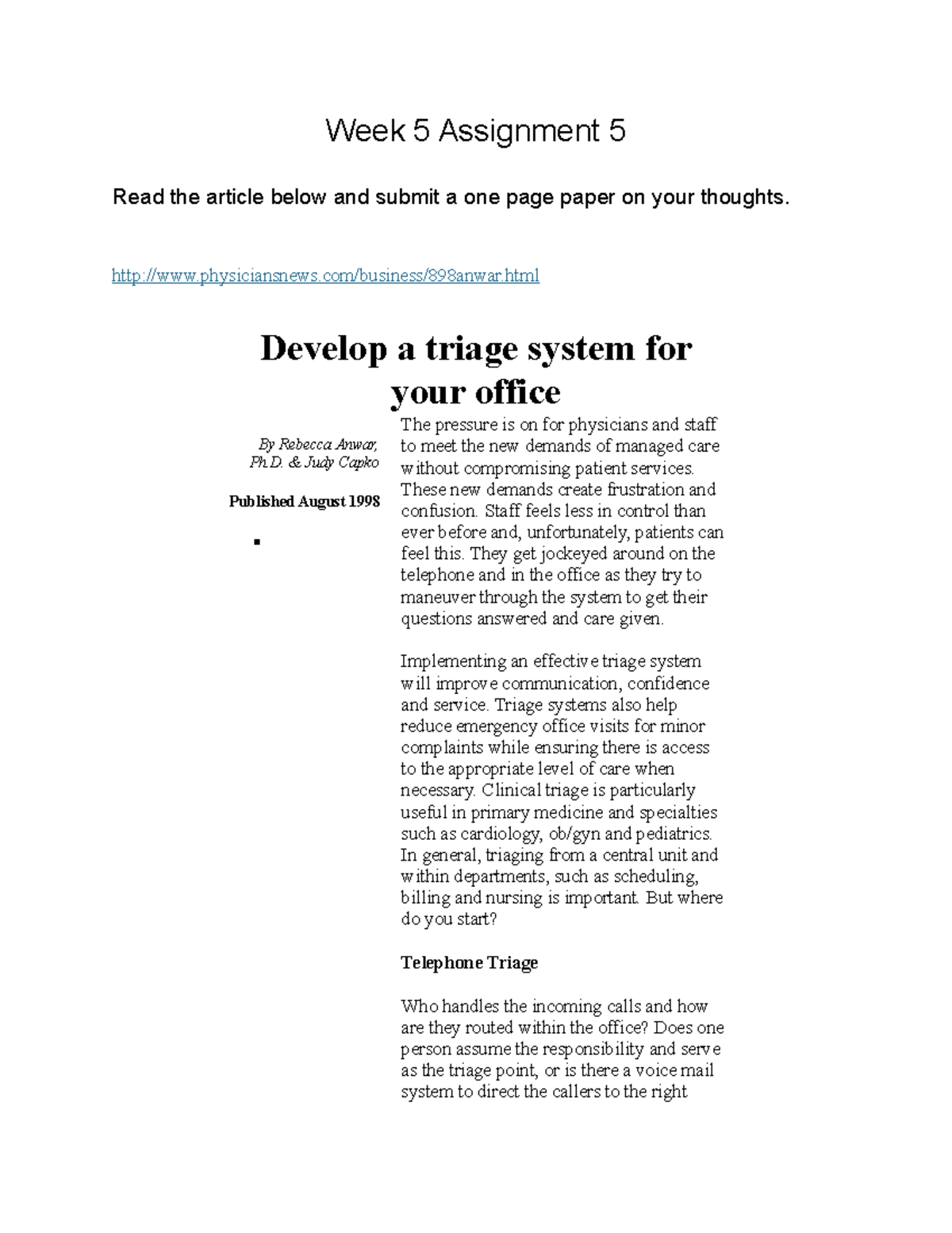 ACCT 6016-Assignment 5 (Week 5) - Week 5 Assignment 5 Read the article below and submit a one ...