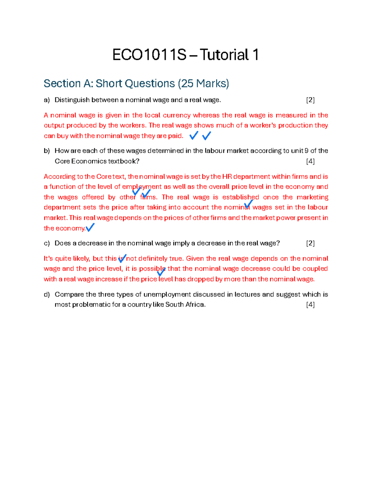 Tutorial Submission 1 2024 Memo - ECO1011S – Tutorial 1 Section A: Short Questions ( 2 5 Marks ...