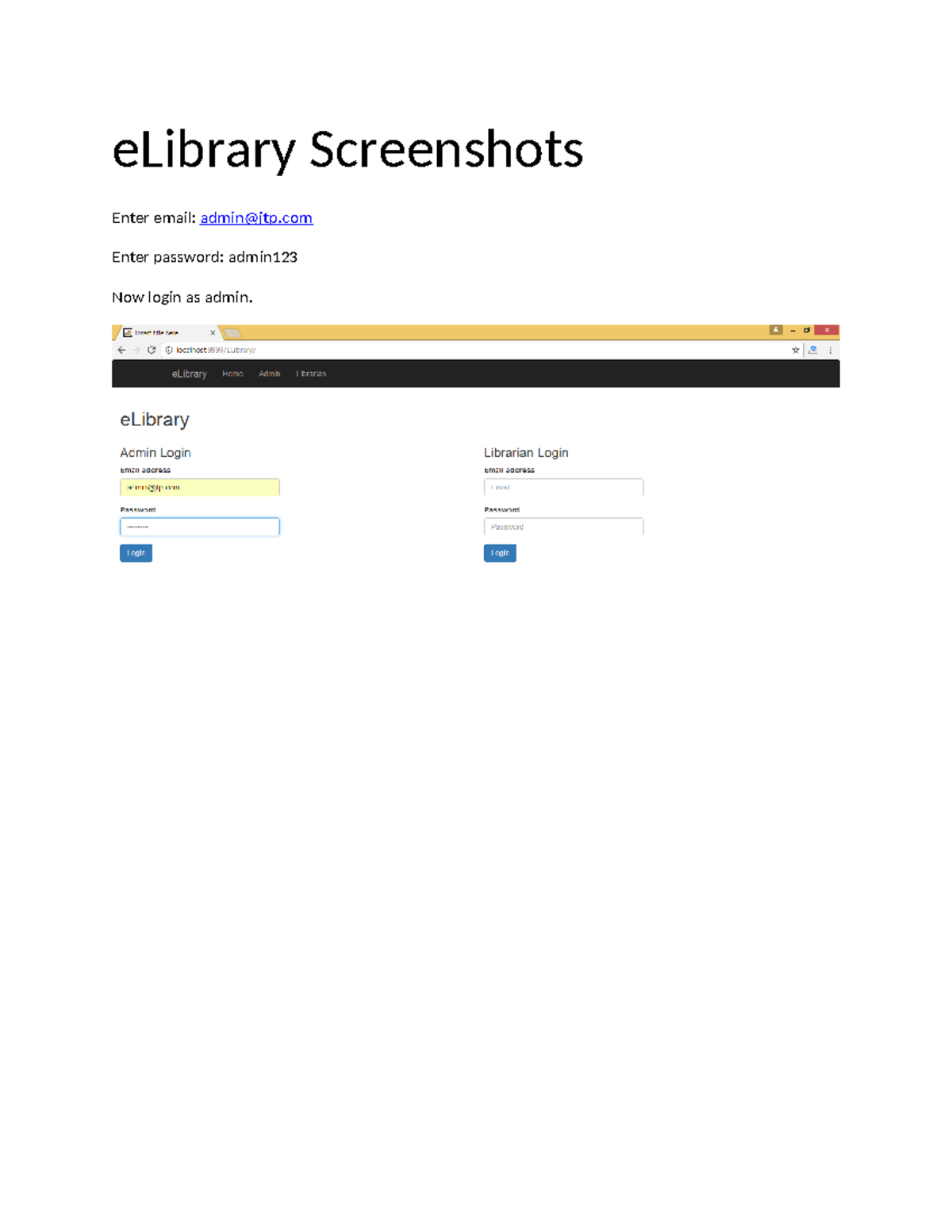 Elibrary-servlet - project - eLibrary Screenshots Enter email: admin ...