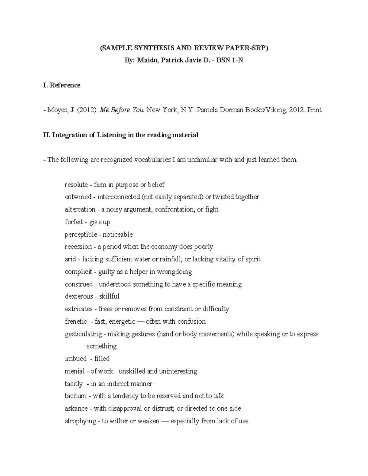 SRP - Sentences - All about book review - (SAMPLE SYNTHESIS AND REVIEW ...
