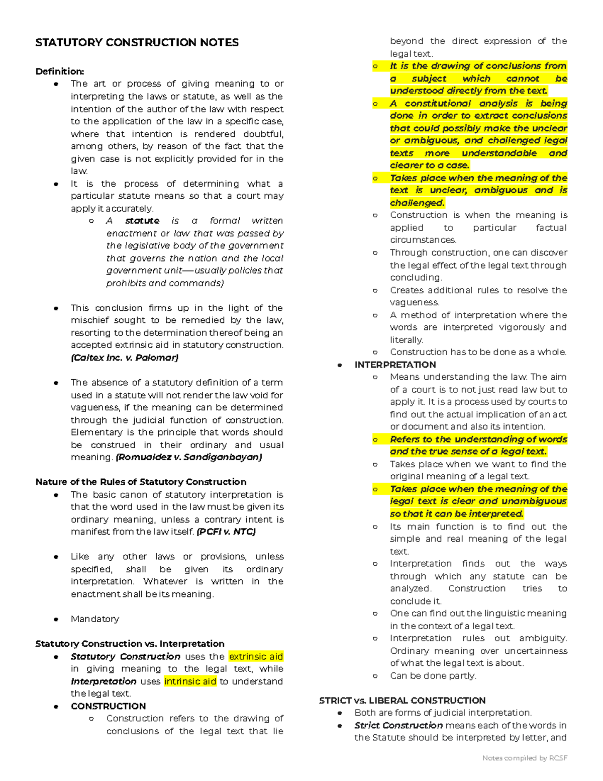 STAT CON - for midterms - STATUTORY CONSTRUCTION NOTES Definition: The ...