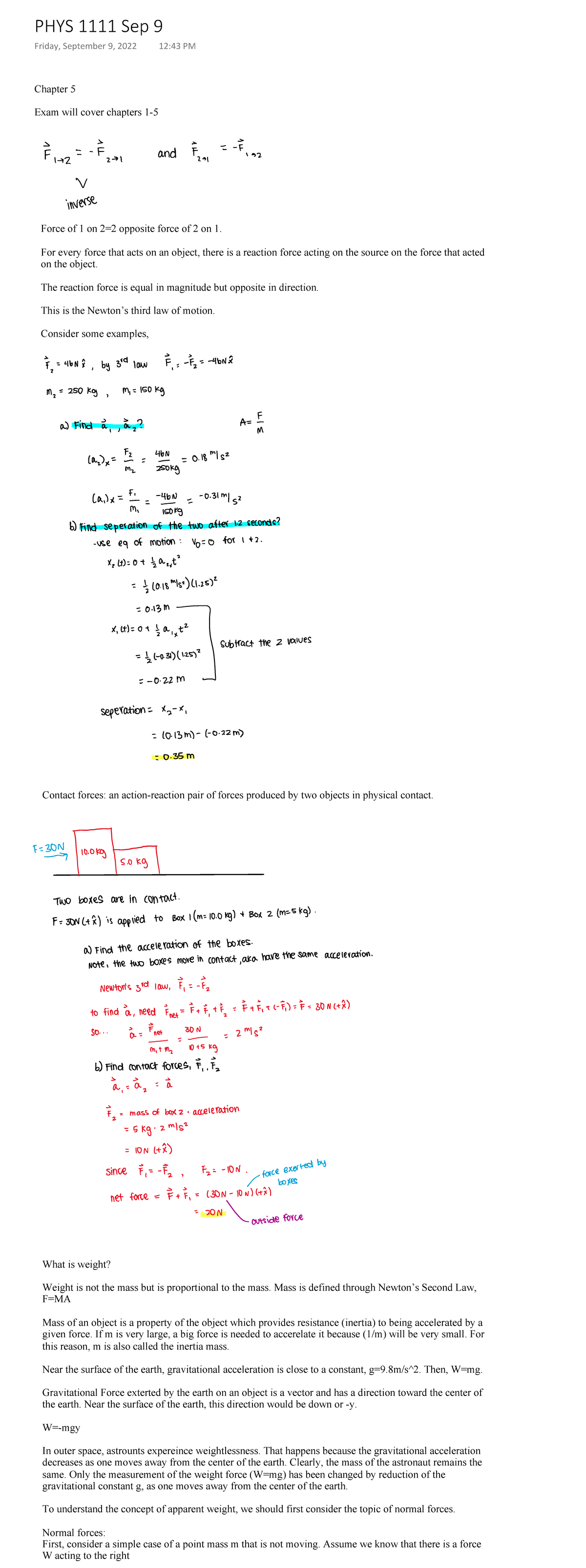 PHYS 1111 Sep 9 - KK Mon - Chapter 5 Exam will cover chapters 1- Force ...