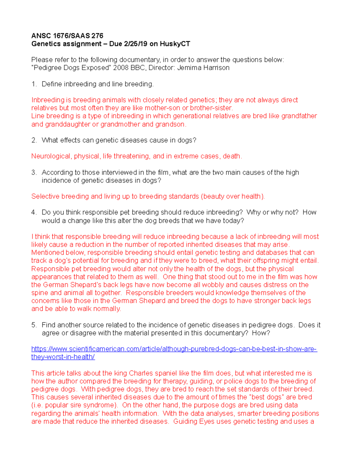 Genetics, pedigree dogs assignment - ANSC 1676/SAAS 276 Genetics ...