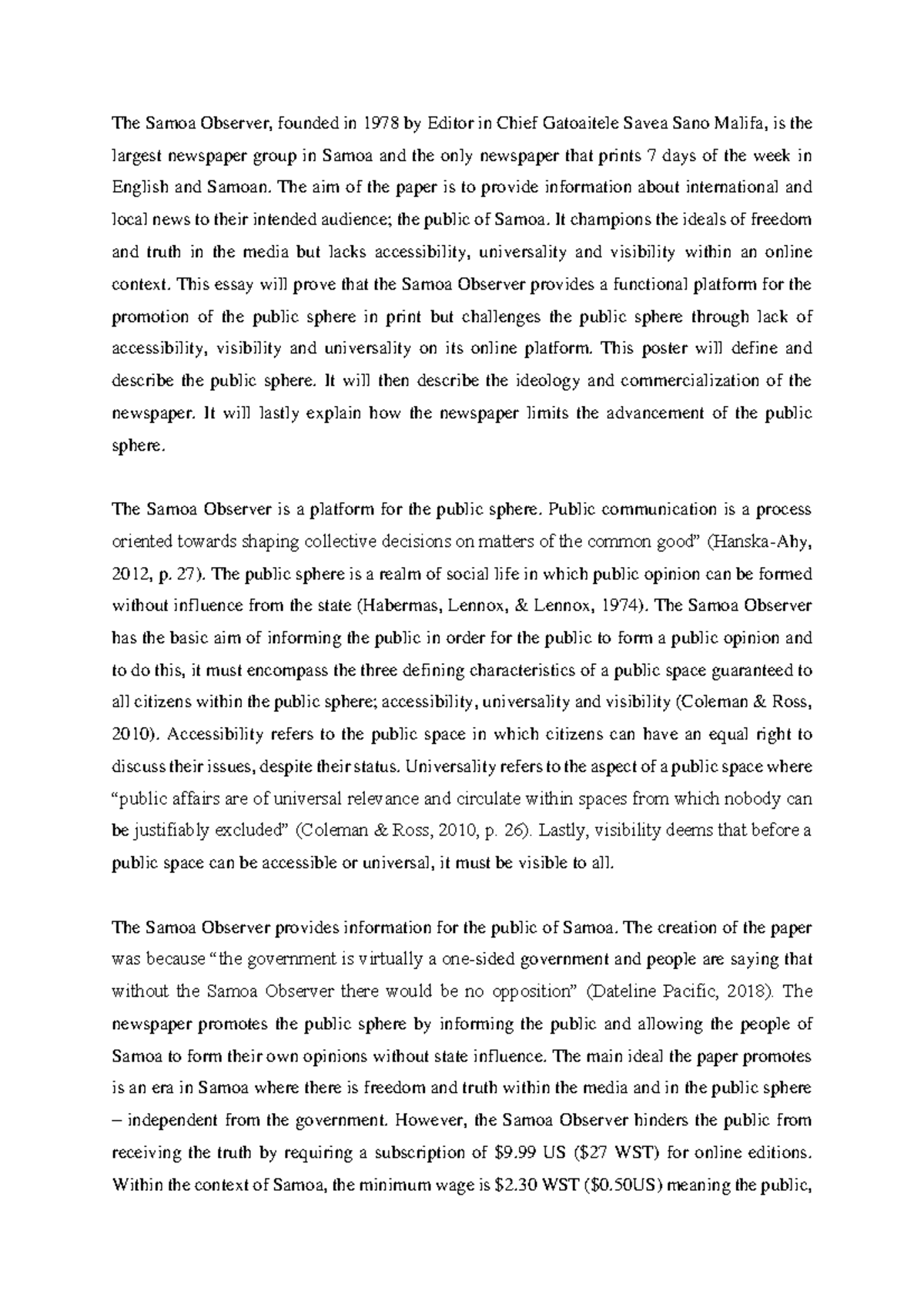 The Samoa Observer Poster Essay - Warning: TT: undefined function: 32 ...