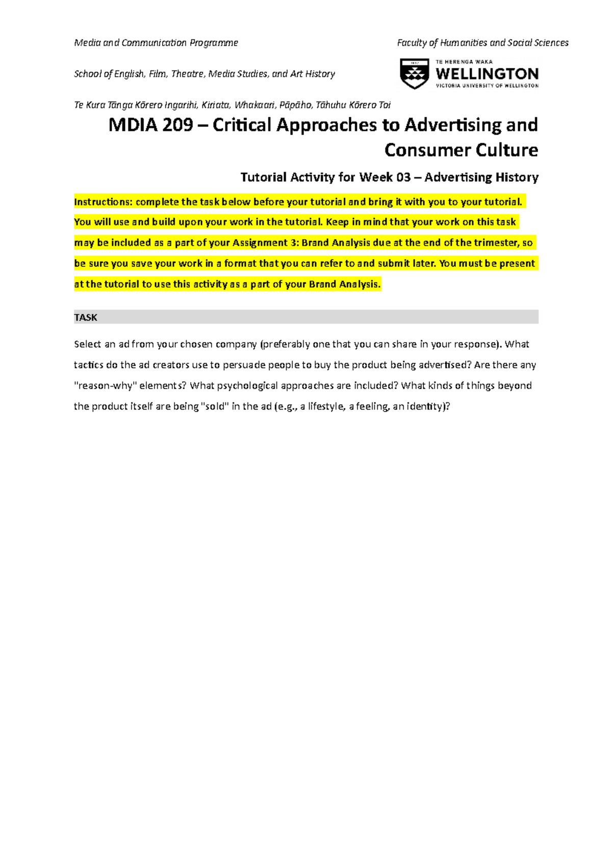 MDIA 209 Week 03 Tutorial Activity work - Critical Approaches to ...