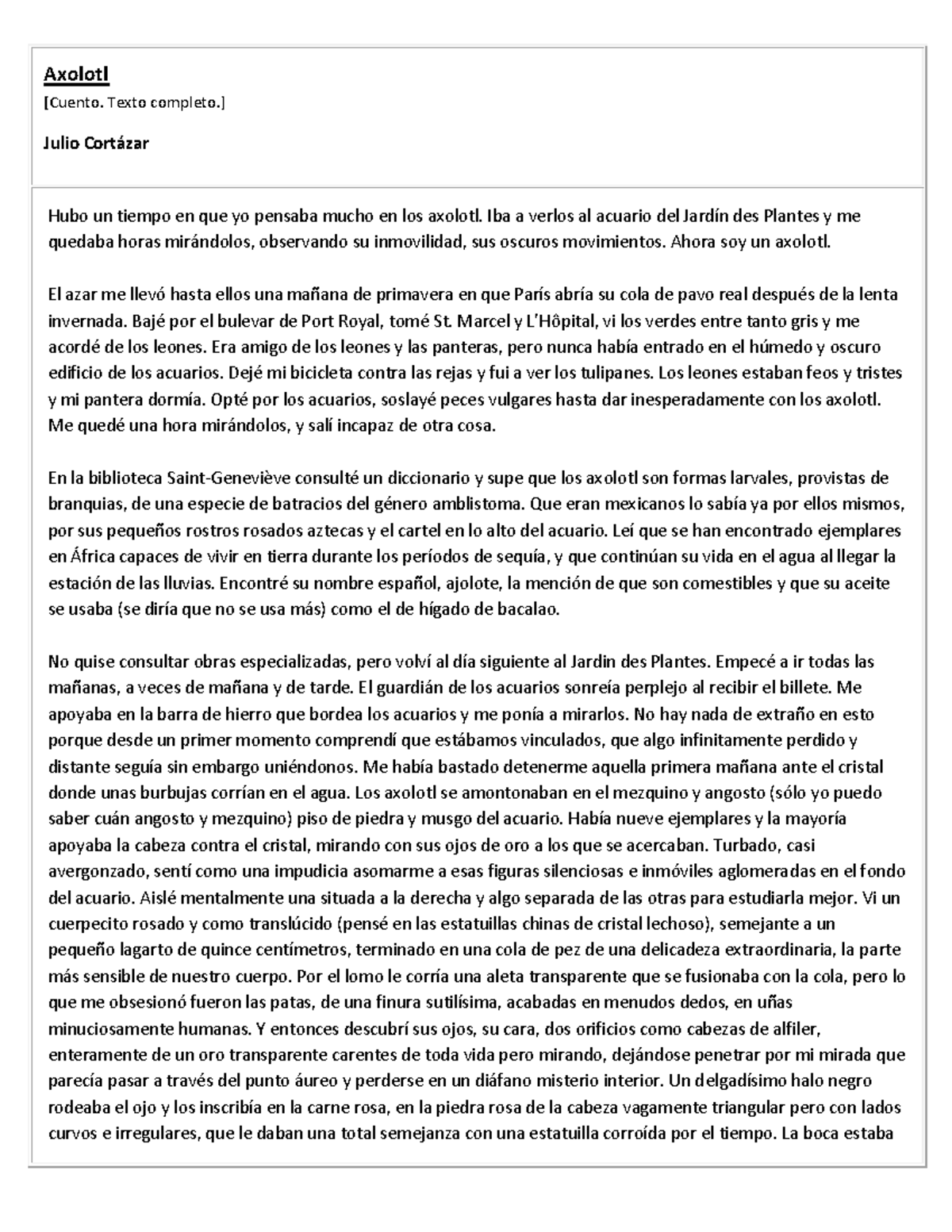 Axolotl - Cortázar - Cuento - Axolotl [Cuento. Texto completo.] Julio ...