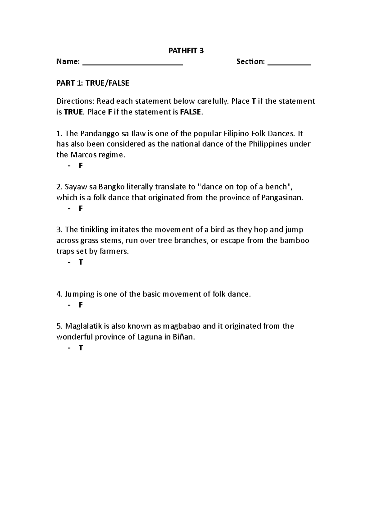 Path Fit 3 Midterm Examination - PATHFIT 3 Name: _______________________ Section ...