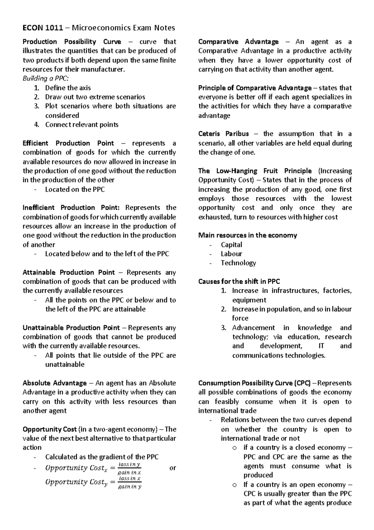 Econ 1101 exam notes - Production Possibility Curve – curve that ...
