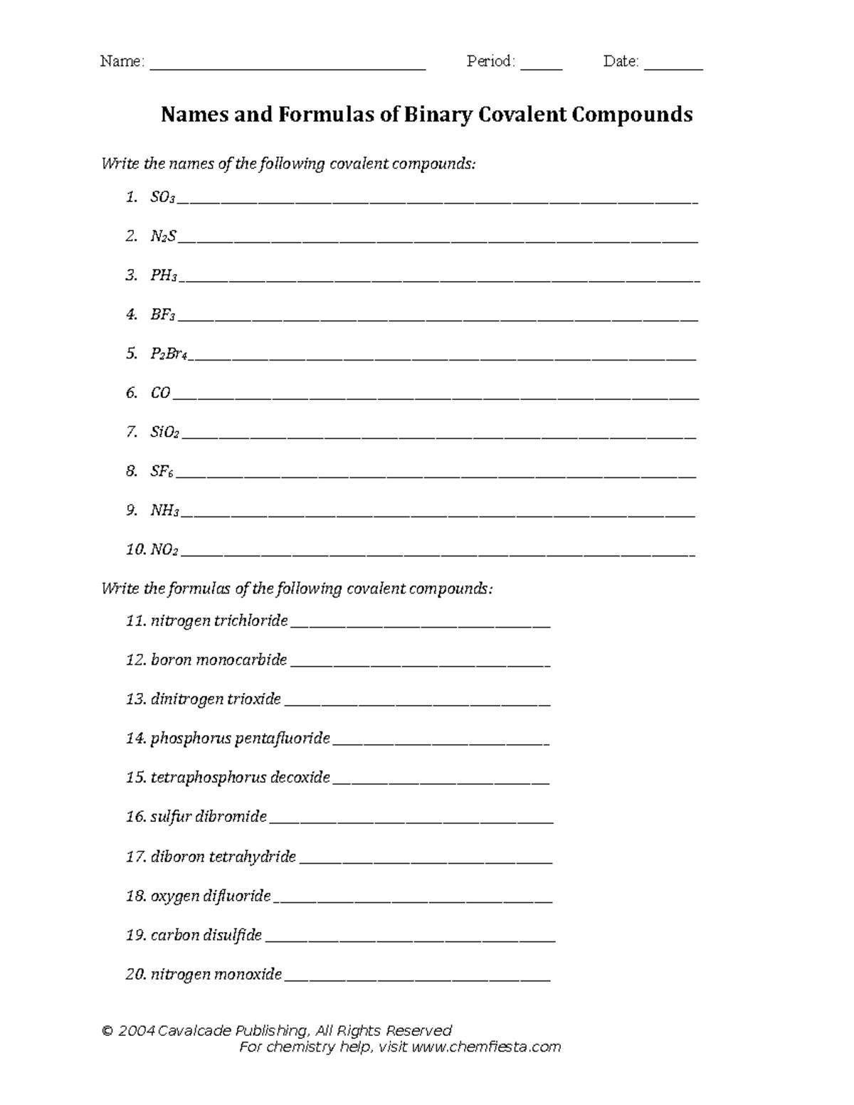 Activity Naming And Writing The Formula Of Binary Covalent Compounds Names And Formulas Of