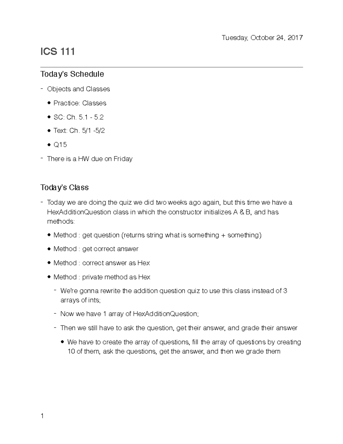 ICS 111 102417 - Objects and Classes: HexAdditionQuestion class ...