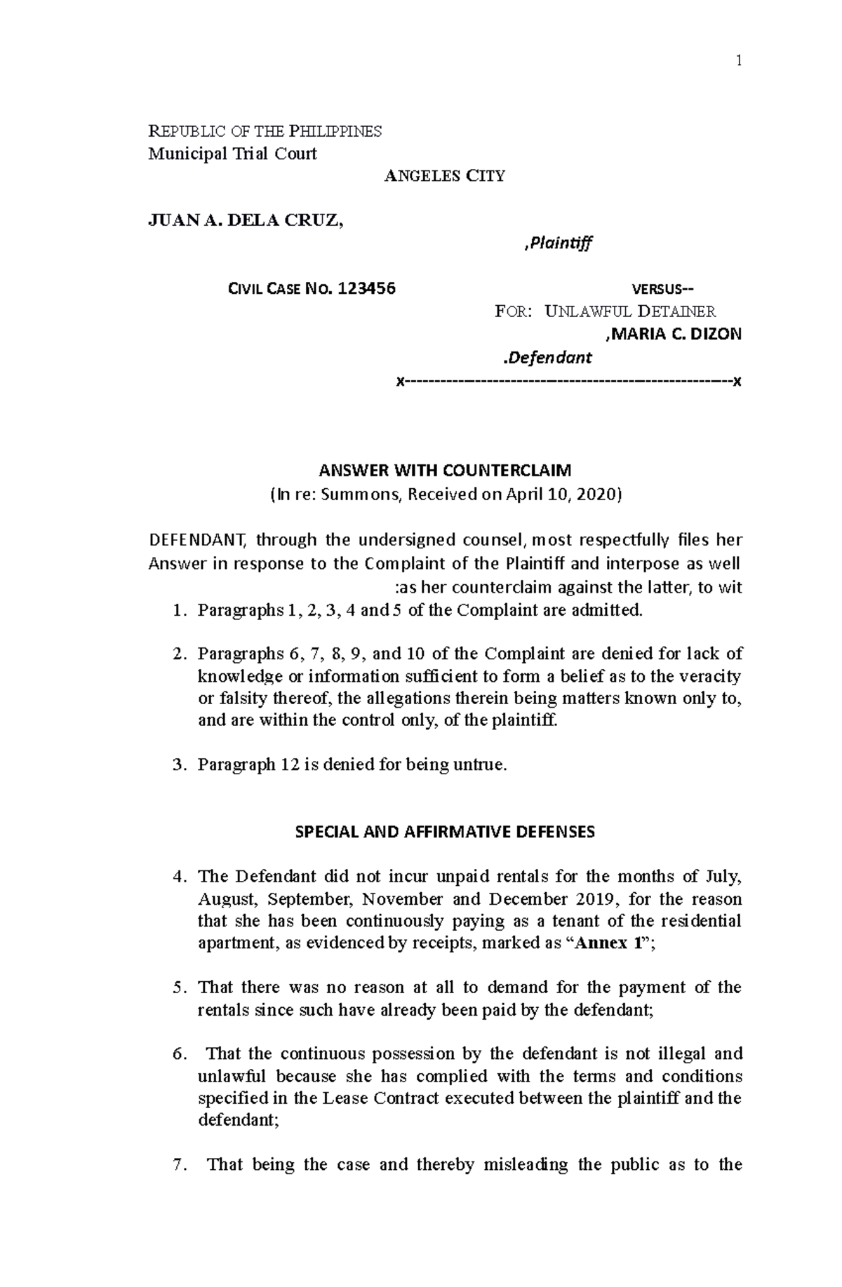 LEGAL FORMS - legal forms COMPLAINT AFFIDAVIT - REPUBLIC OF THE ...