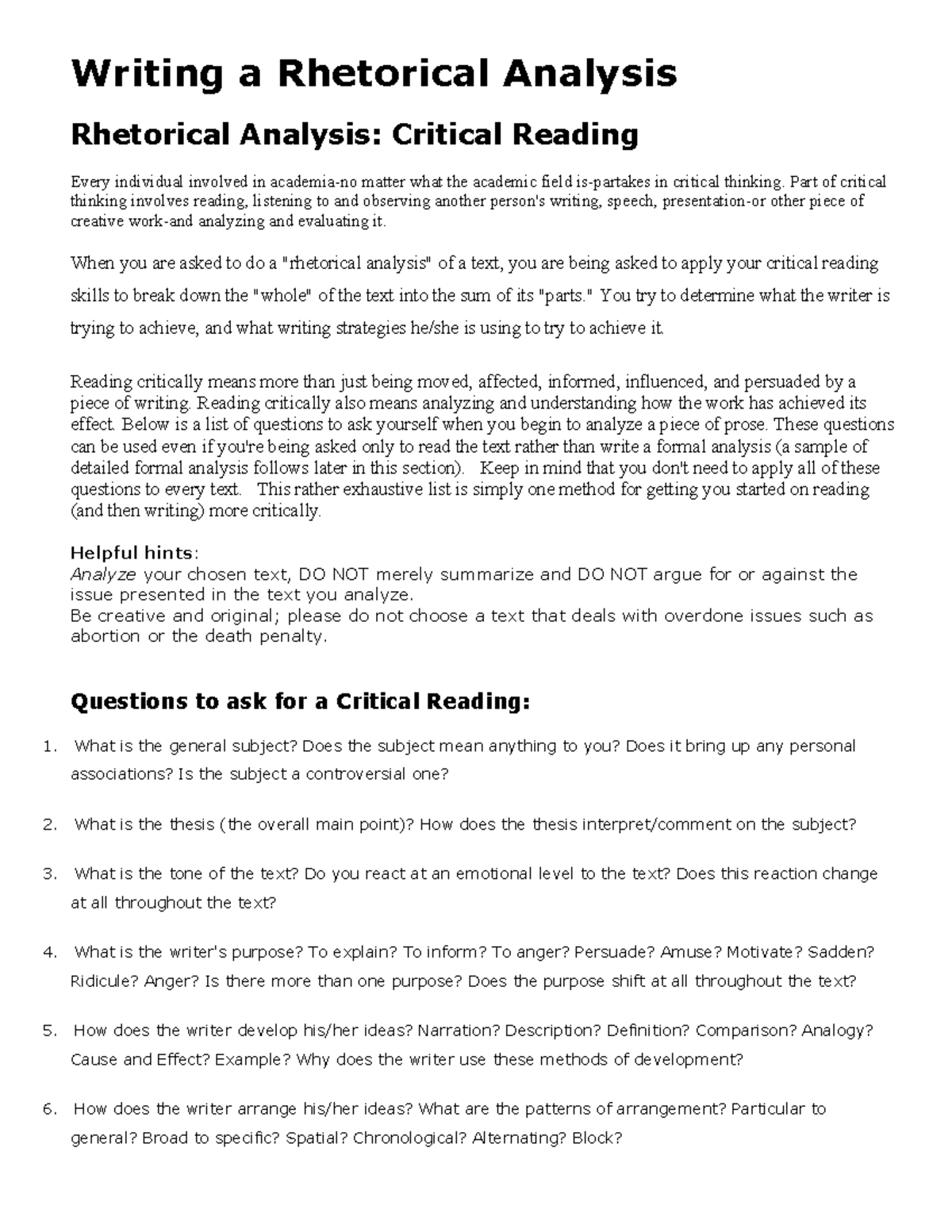 Class notes for ENG3U, essay writing - Writing a Rhetorical Analysis ...