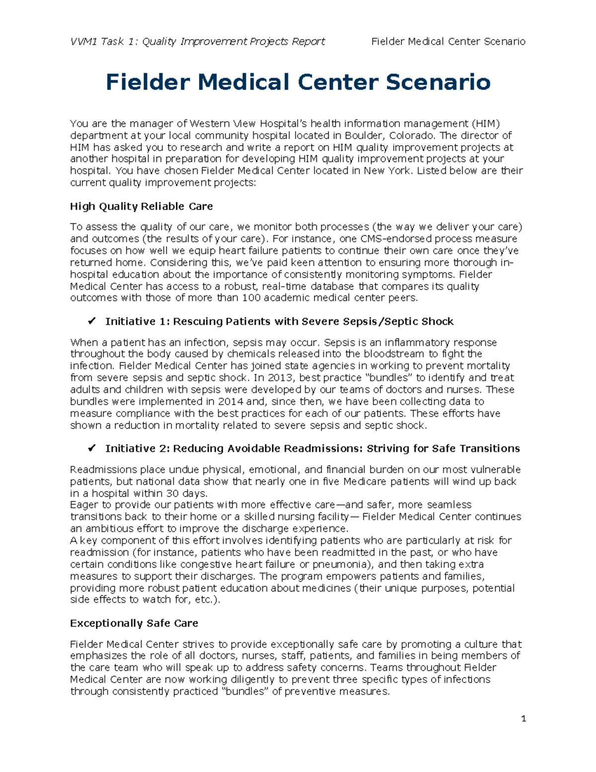 Fielder Medical Center Scenario - VVM1 Task 1: Quality Improvement ...