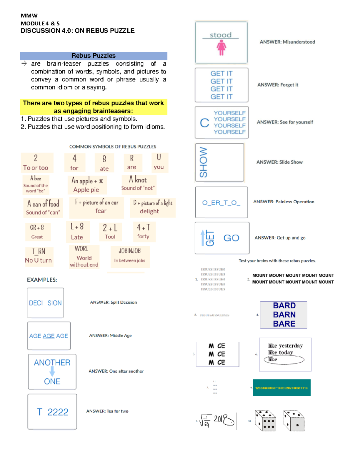 MMW Module 4 5 - Mmw - MODULE 4 & 5 DISCUSSION 4: ON REBUS PUZZLE Rebus Puzzles → are - Studocu