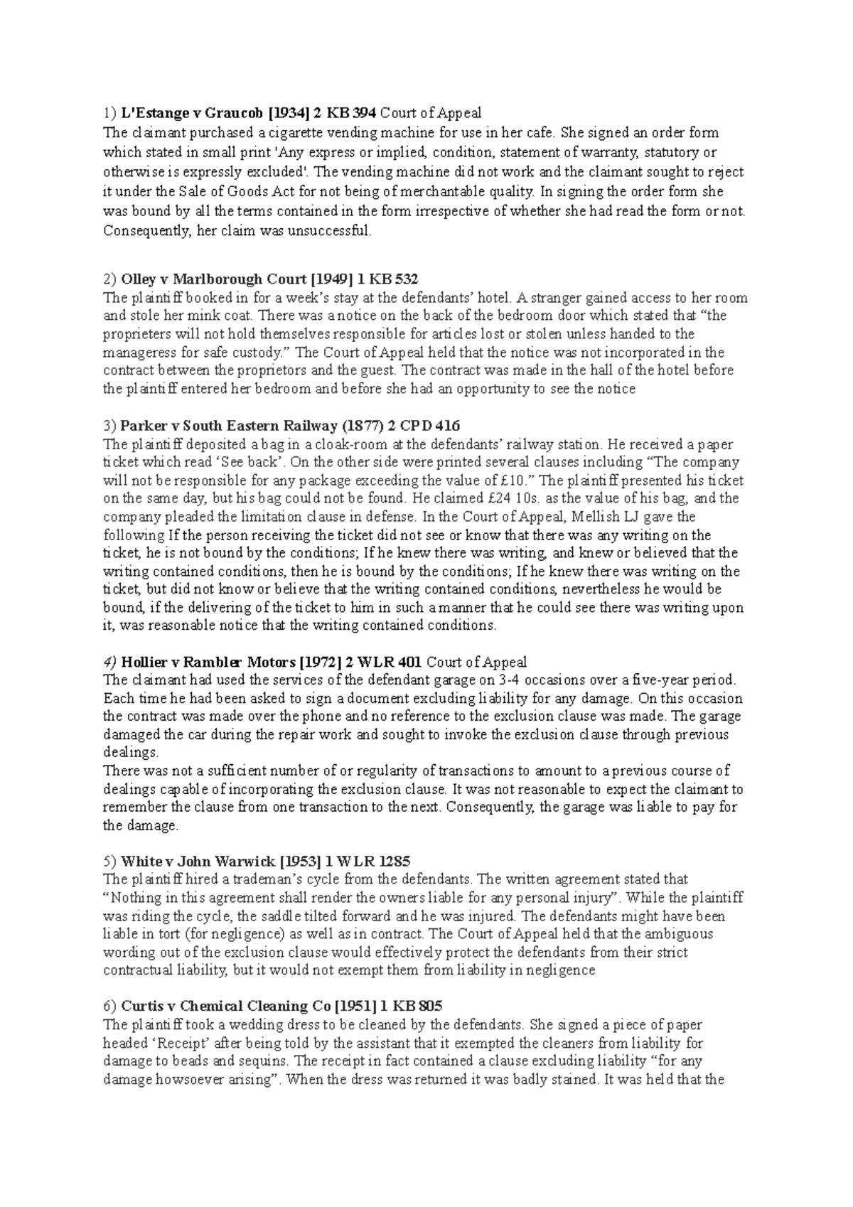 Exclusion clause case - L'Estange v Graucob [1934] 2 KB 394 Court of ...