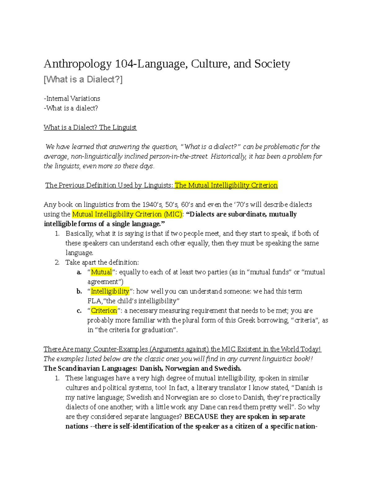 2020-Anthropology 104-Dialects lecture notes week13 - Anthropology 104 ...