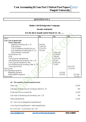 Cost accounting adc bcom part 2 solved past paper 2018 - Studocu