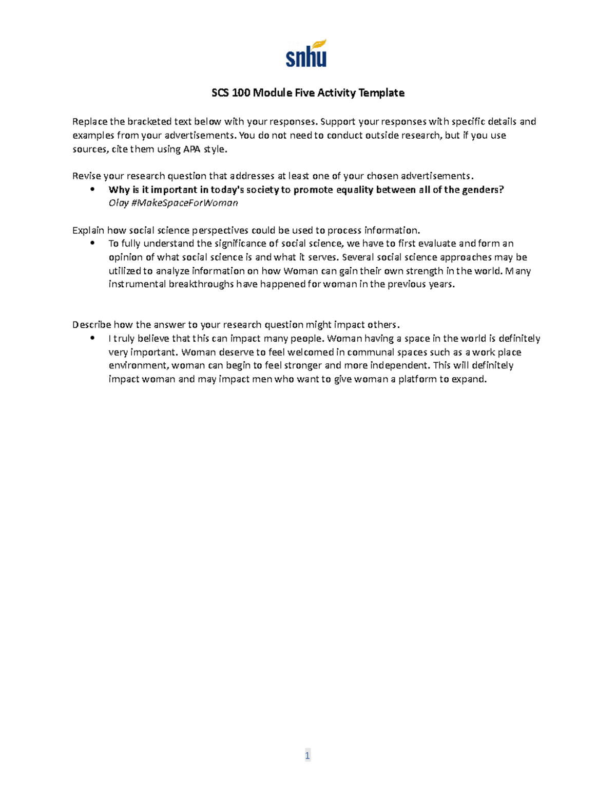 SCS 100 Module Five Activity - Support your responses with specific ...
