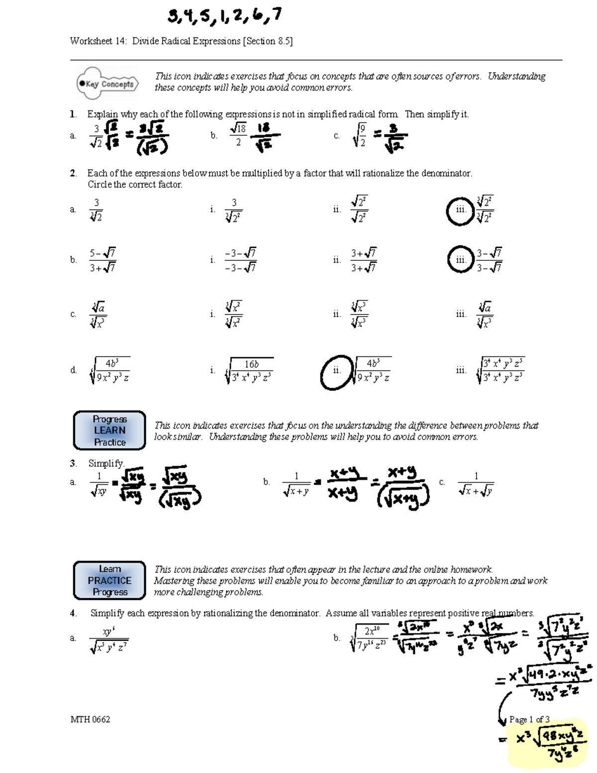Worksheet 14-Divide Radical Expressions 8 - MTH 0662 Page 1 of 3 ...