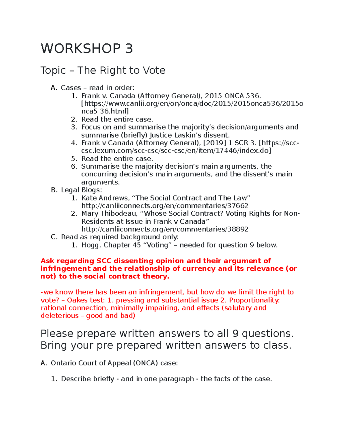 Workshop 3 - Voting Rights - WORKSHOP 3 Topic – The Right to Vote A ...
