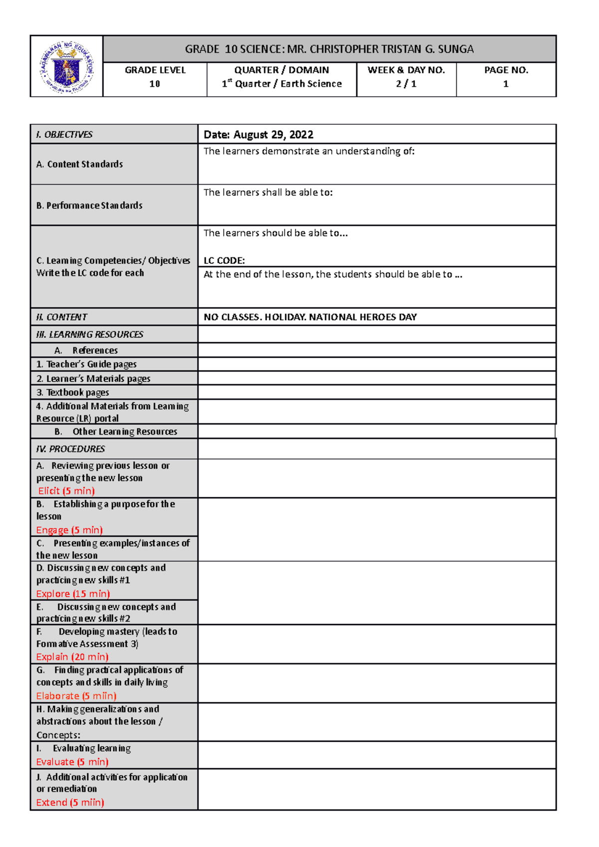 DLL-Grade-10-SY-2022-2023-1Q-week-2-day-1-sunga - GRADE 10 SCIENCE: MR ...