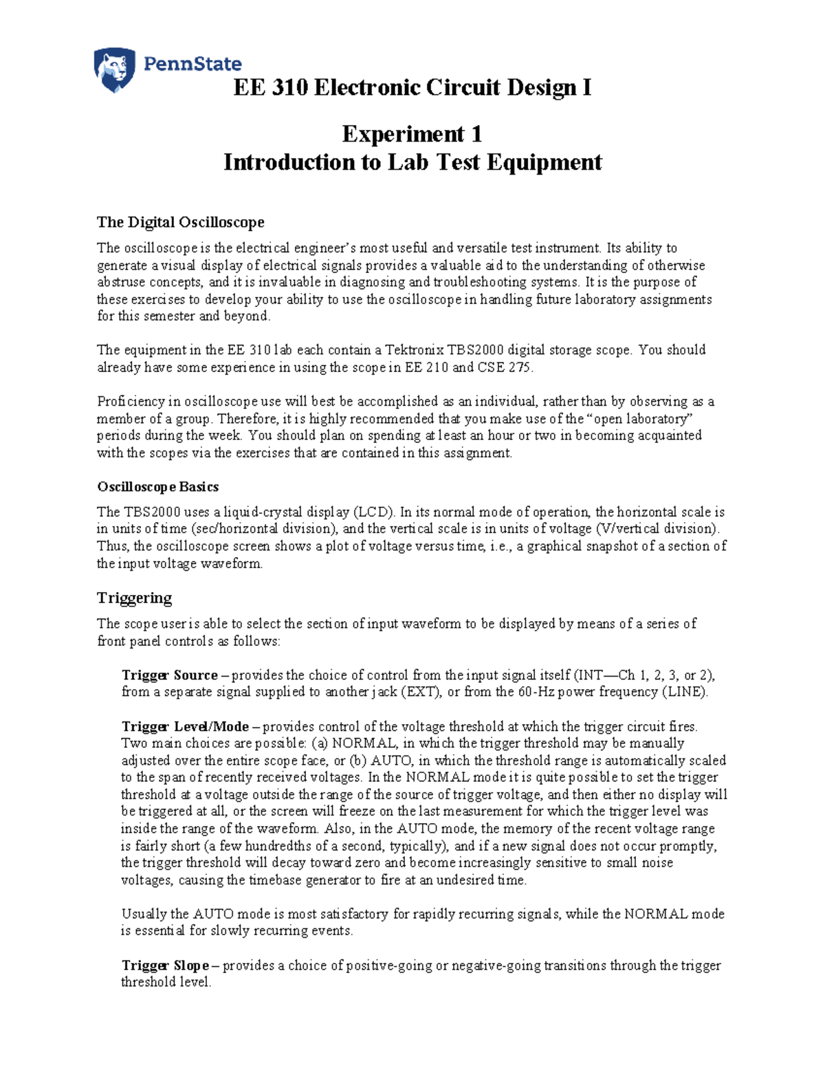 Lab 1 - Lab 1 Instructions - EE 310 Electronic Circuit Design I Experiment 1 Introduction to Lab ...