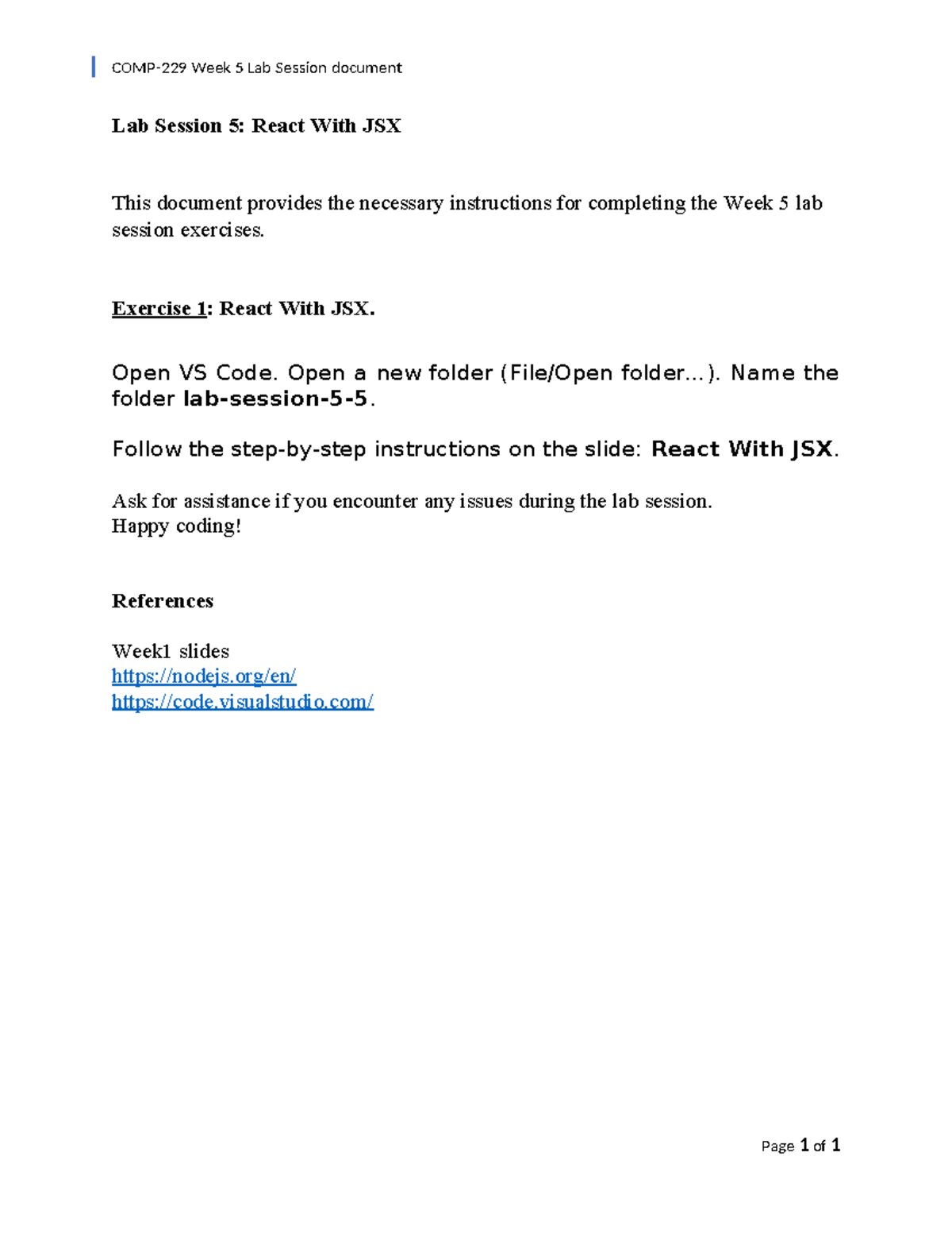Comp 229 Week 5 Lab Session Document F23 React With Jsx Comp 229 Week 5 Lab Session Document