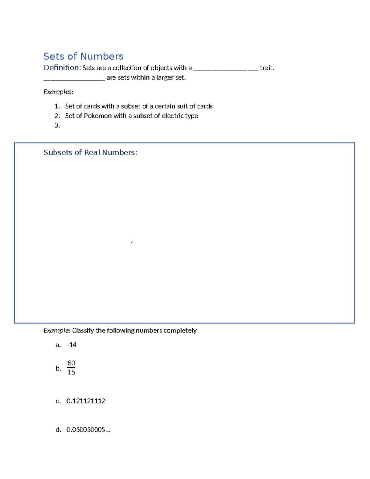 1-1 Review Notes Outlines - Sets of Numbers Definition: Sets are a ...
