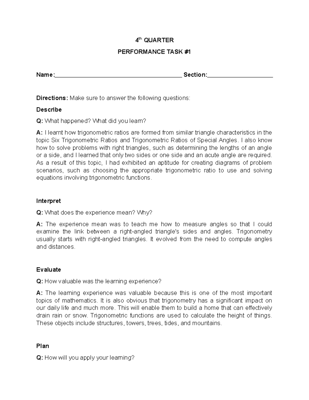 4th Quarter-Performance Task #1-3 - 4 th QUARTER PERFORMANCE TASK # Name: Section: Directions ...