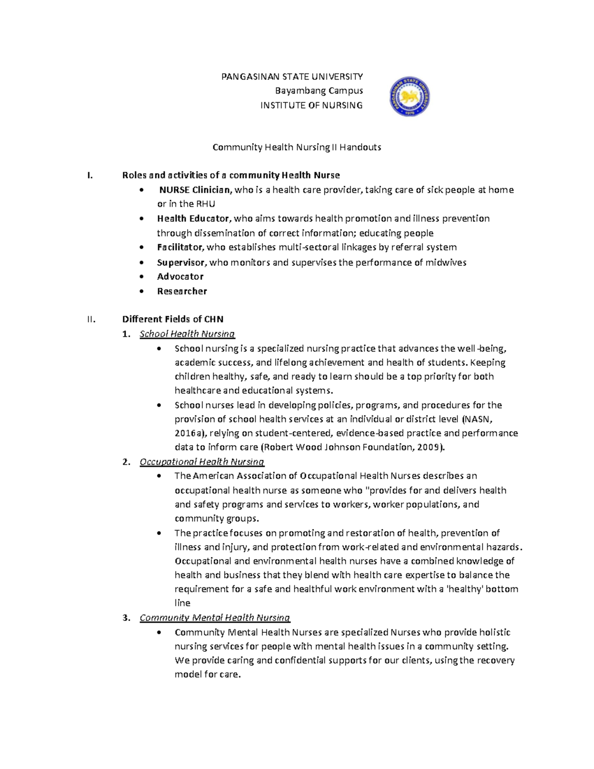 CHN II handouts 1 pdf - hshshshhaha - PANGASINAN STATE UNIVERSITY Bayambang Campus INSTITUTE OF ...