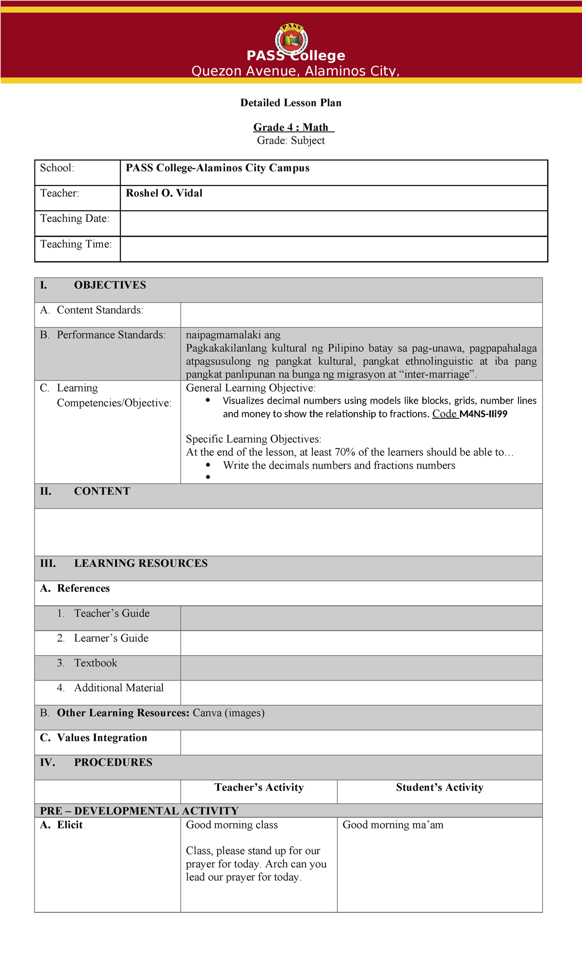 MC - Soc Sci - Detailed Lesson Plan - Detailed Lesson Plan Grade 4 ...