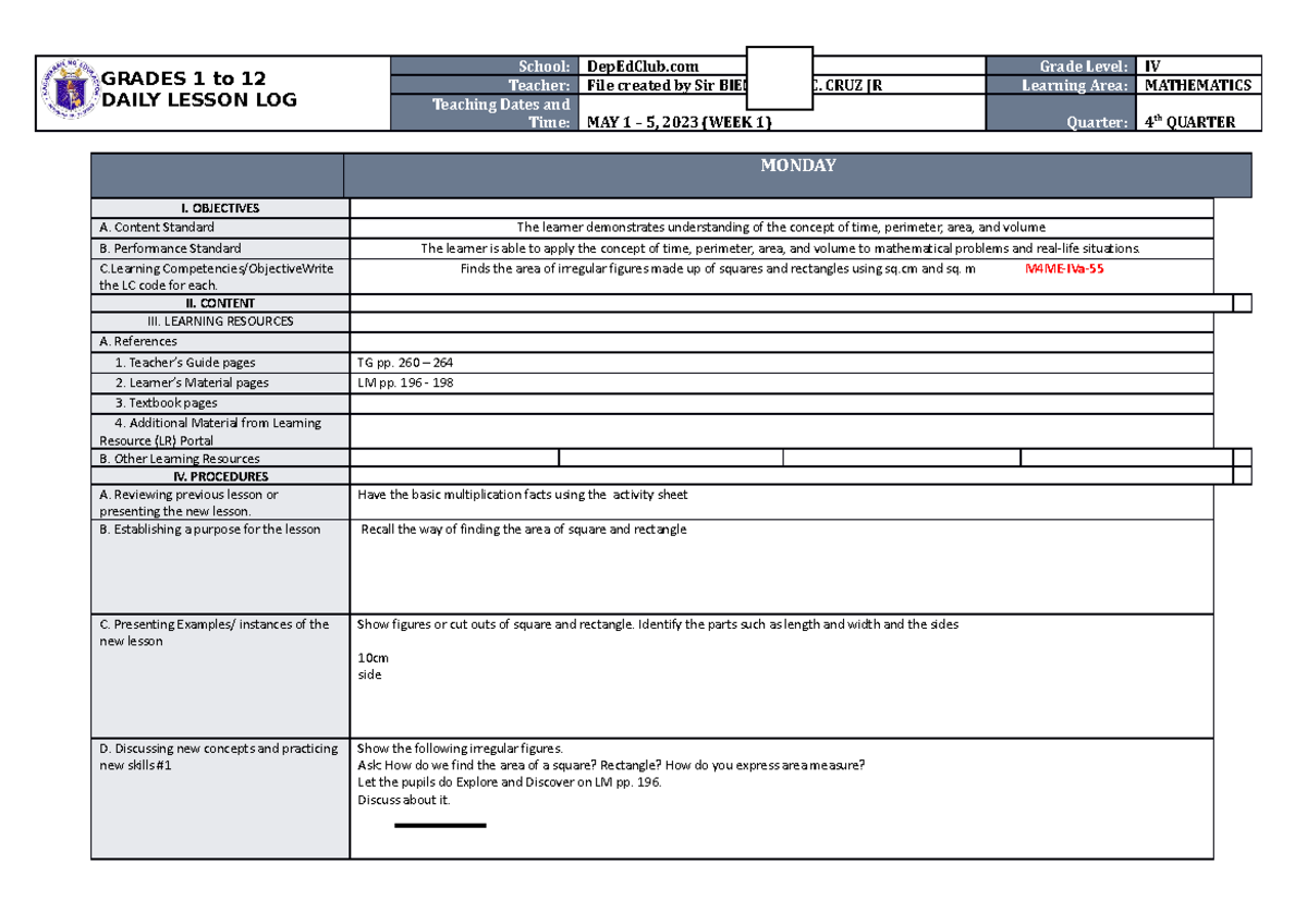 DLL Mathematics 4 Q4 W1 day 1 - GRADES 1 to 12 DAILY LESSON LOG School ...
