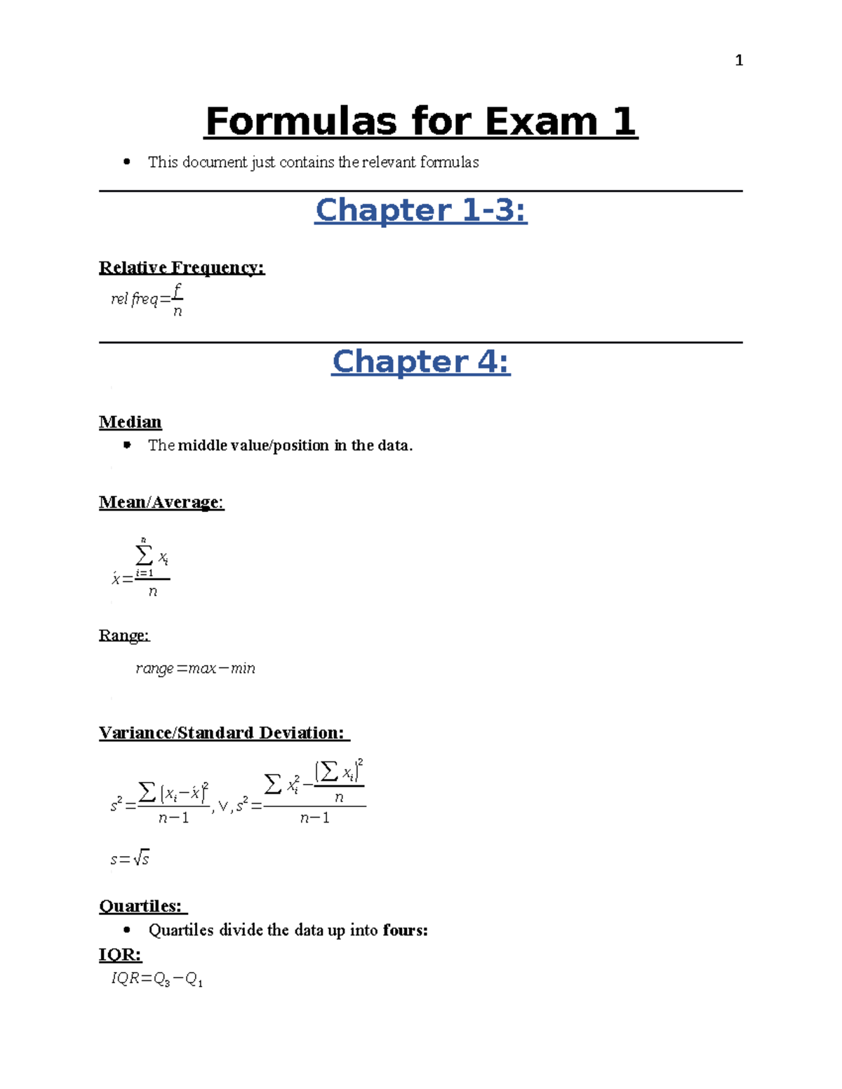 Chapters 1-7 Formulas - 1 Formulas for Exam 1 This document just ...