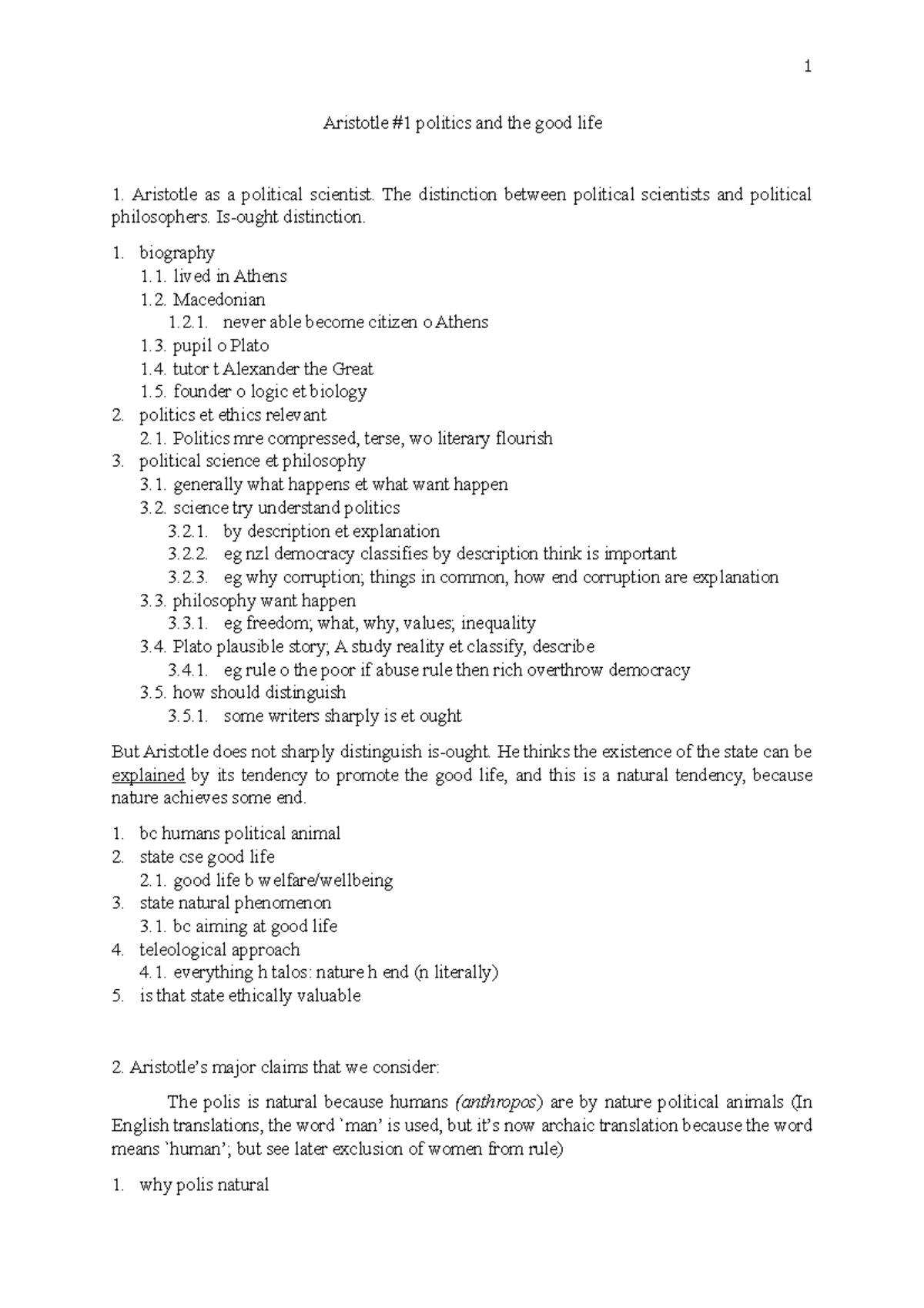 Aristotle#1 student notes - Aristotle #1 politics and the good life ...