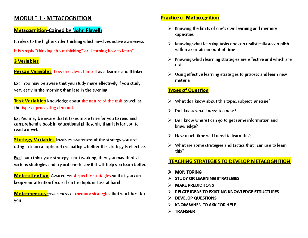 EDUC103-reviewer - Reviewer - MODULE 1 - METACOGNITION Metacognition ...
