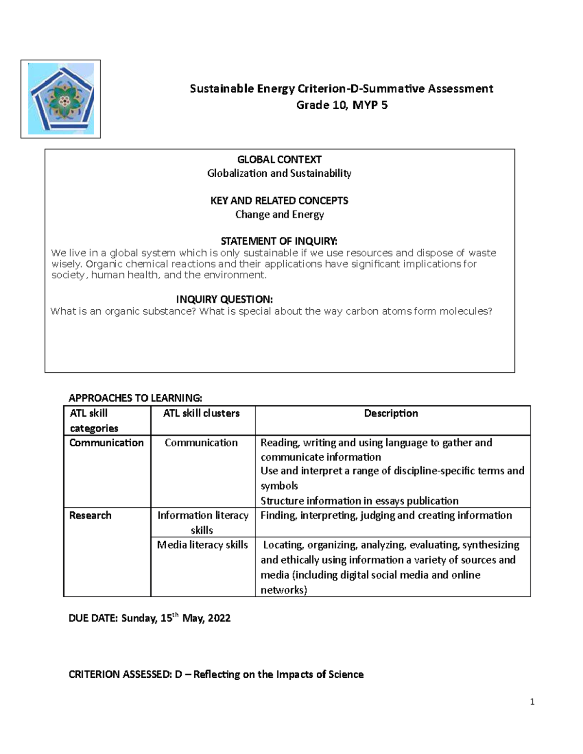 G10 Chemistry plastics essay - Sustainable Energy Criterion-D-Summative ...