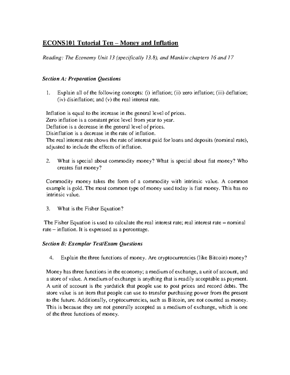 ECONS101 Tutorial 10 - Money and Inflation - ECONS101 Tutorial Ten ...