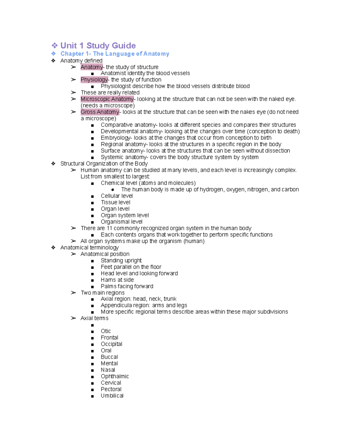Human Anatomy Unit 1 - lecture material - Unit 1 Study Guide Chapter 1- The Language of Anatomy ...