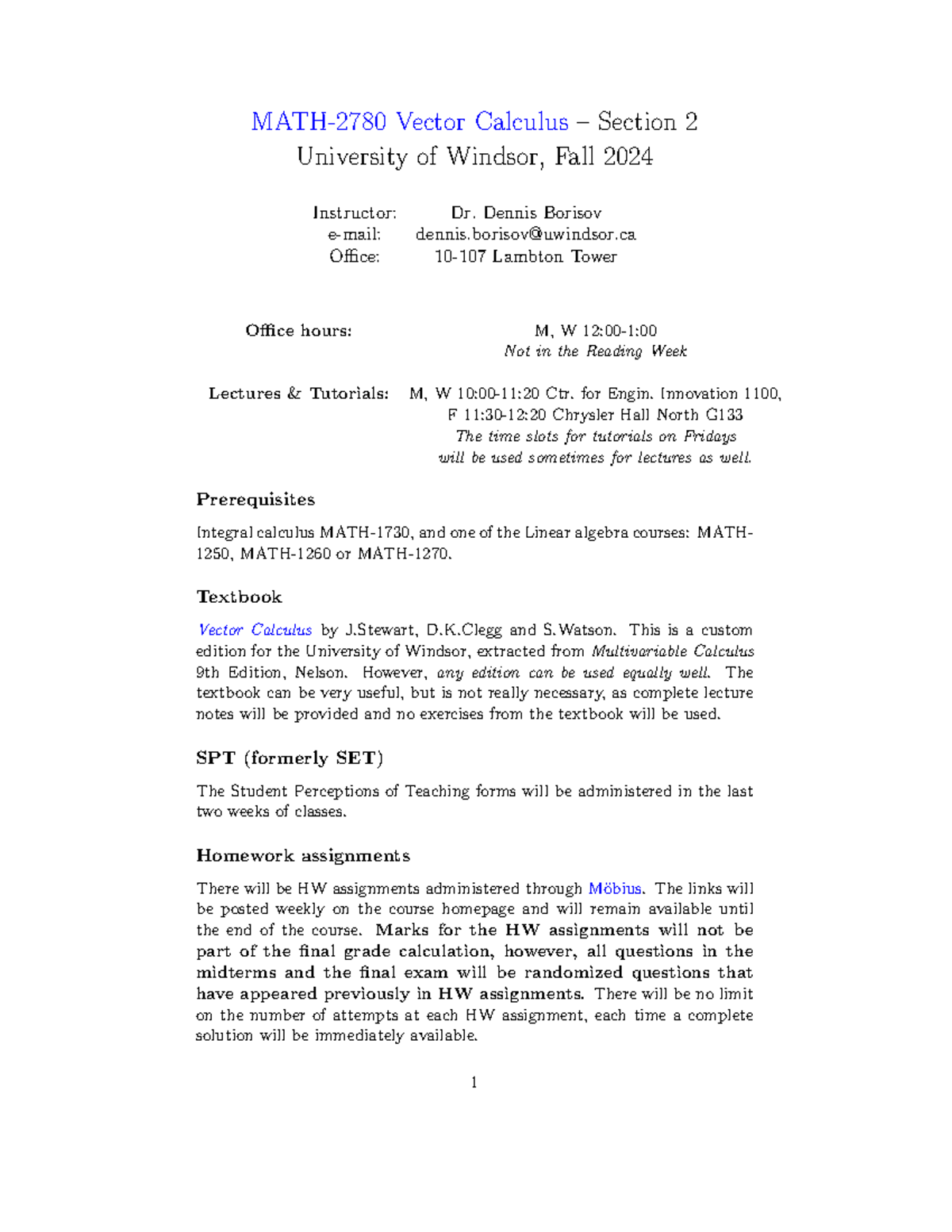 F24-VC Syllabus - 2024-09-05 - MATH-2780 Vector Calculus – Section 2 University of Windsor, Fall ...