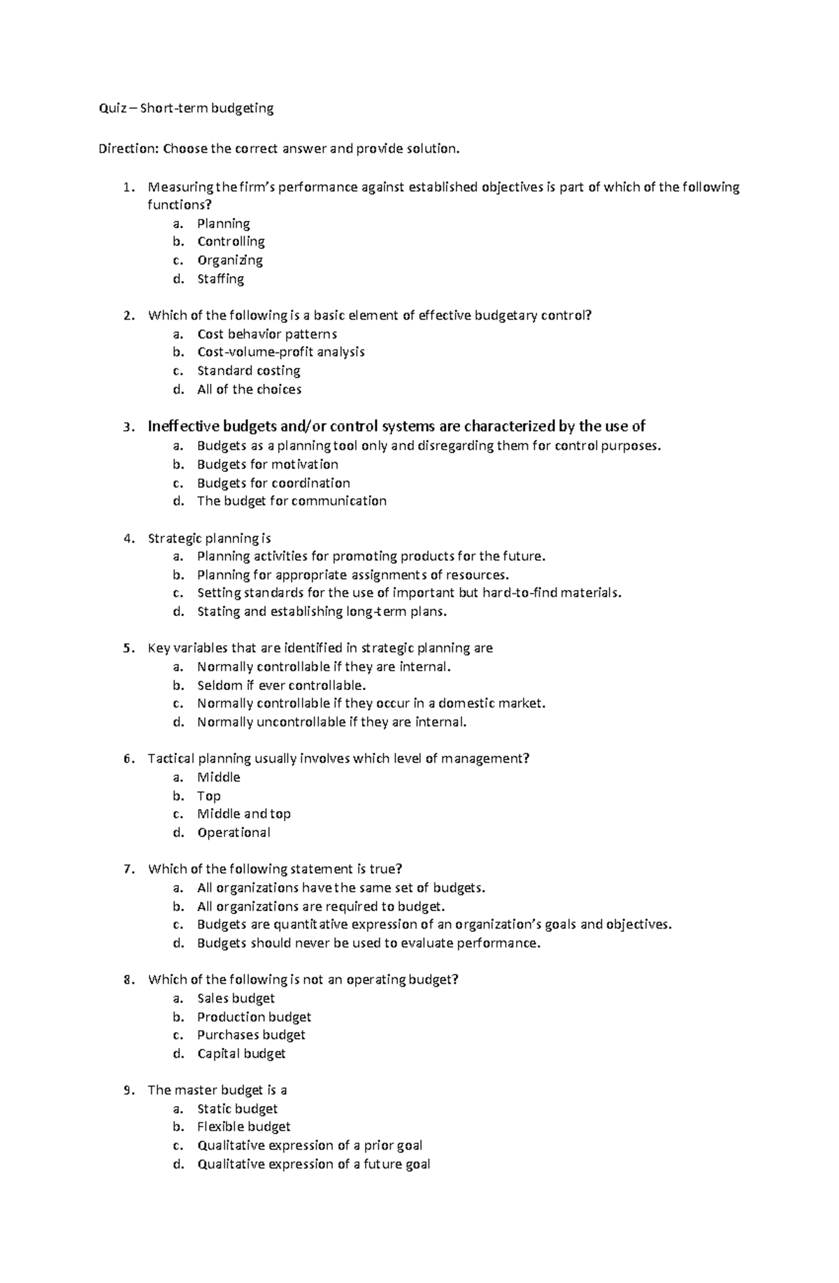 Quiz Short-term Budgeting - Quiz – Short-term budgeting Direction ...