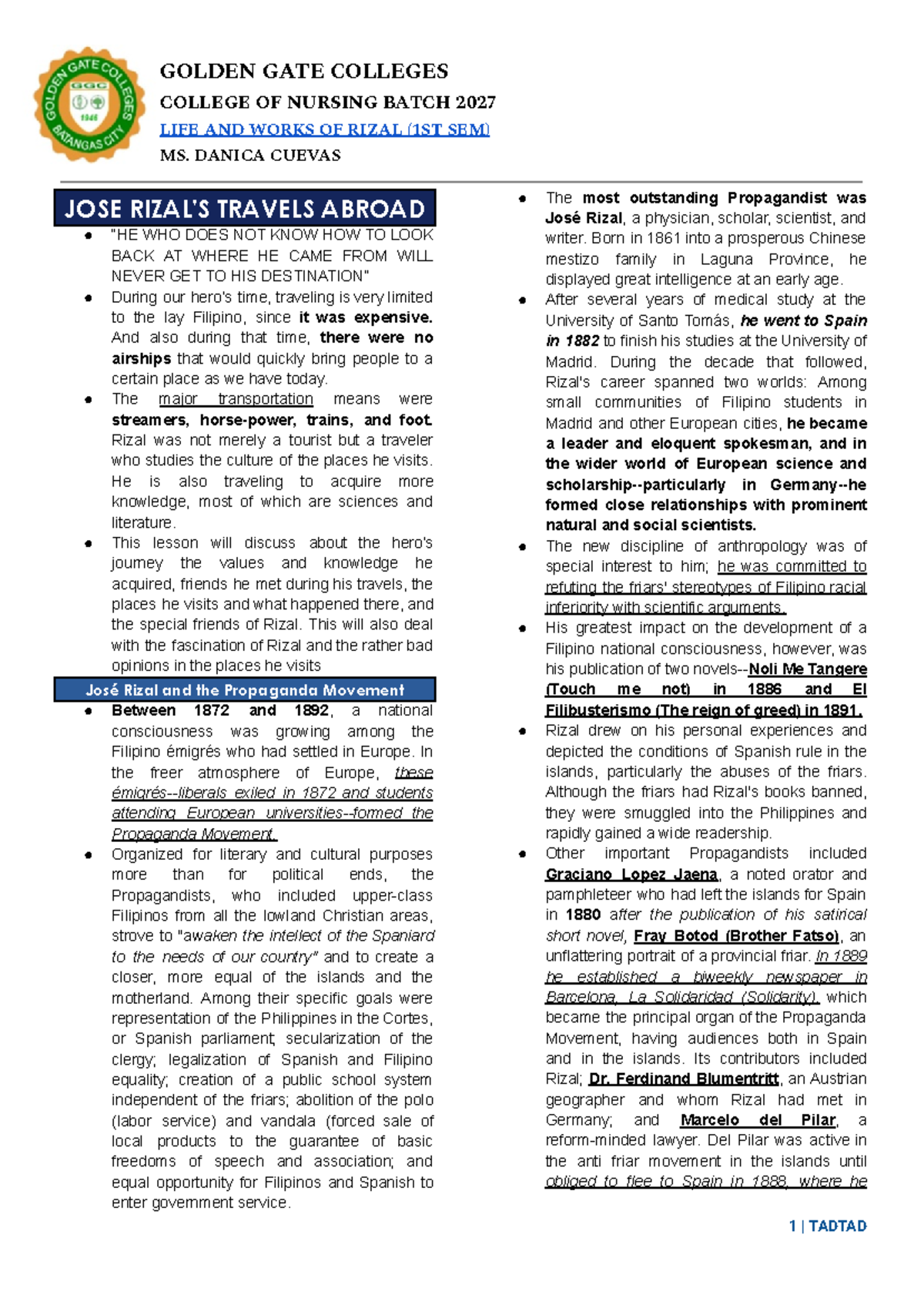 BSN - 2C Rizal Midterm (2nd yr) - COLLEGE OF NURSING BATCH 2027 LIFE ...