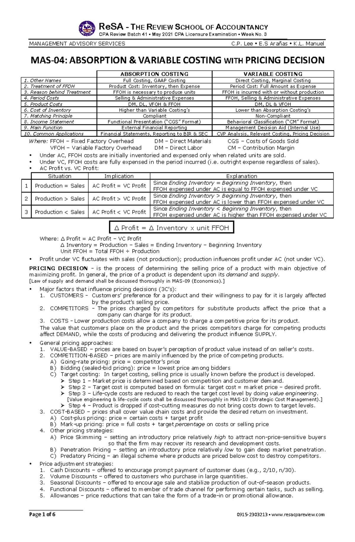 510731818 Sample MAS Absorption Variable Costing With Pricing Decision 1 - ReSA - THE REVIEW ...