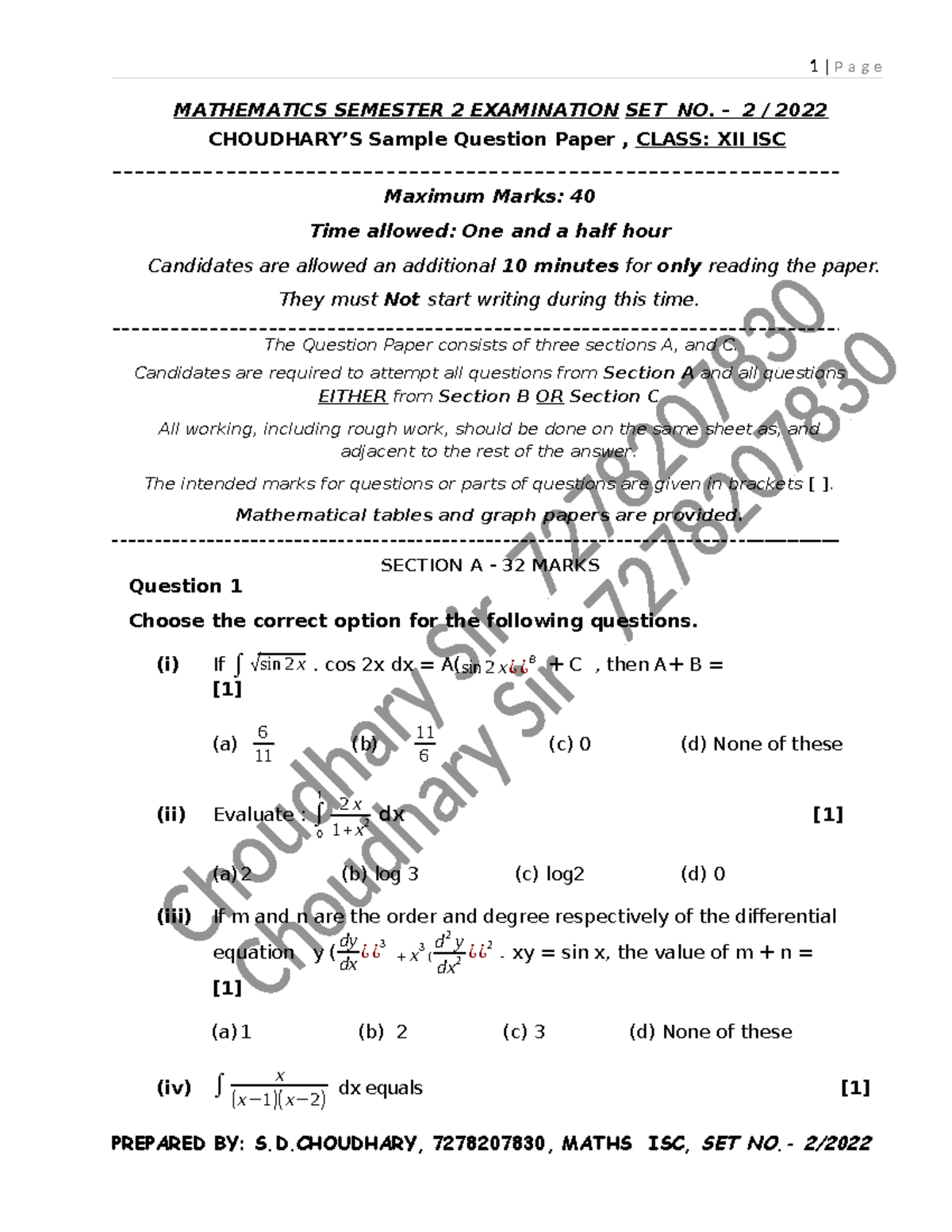 TEST Paper-2 XII Math SEM 2 - MATHEMATICS SEMESTER 2 EXAMINATION SET NO ...