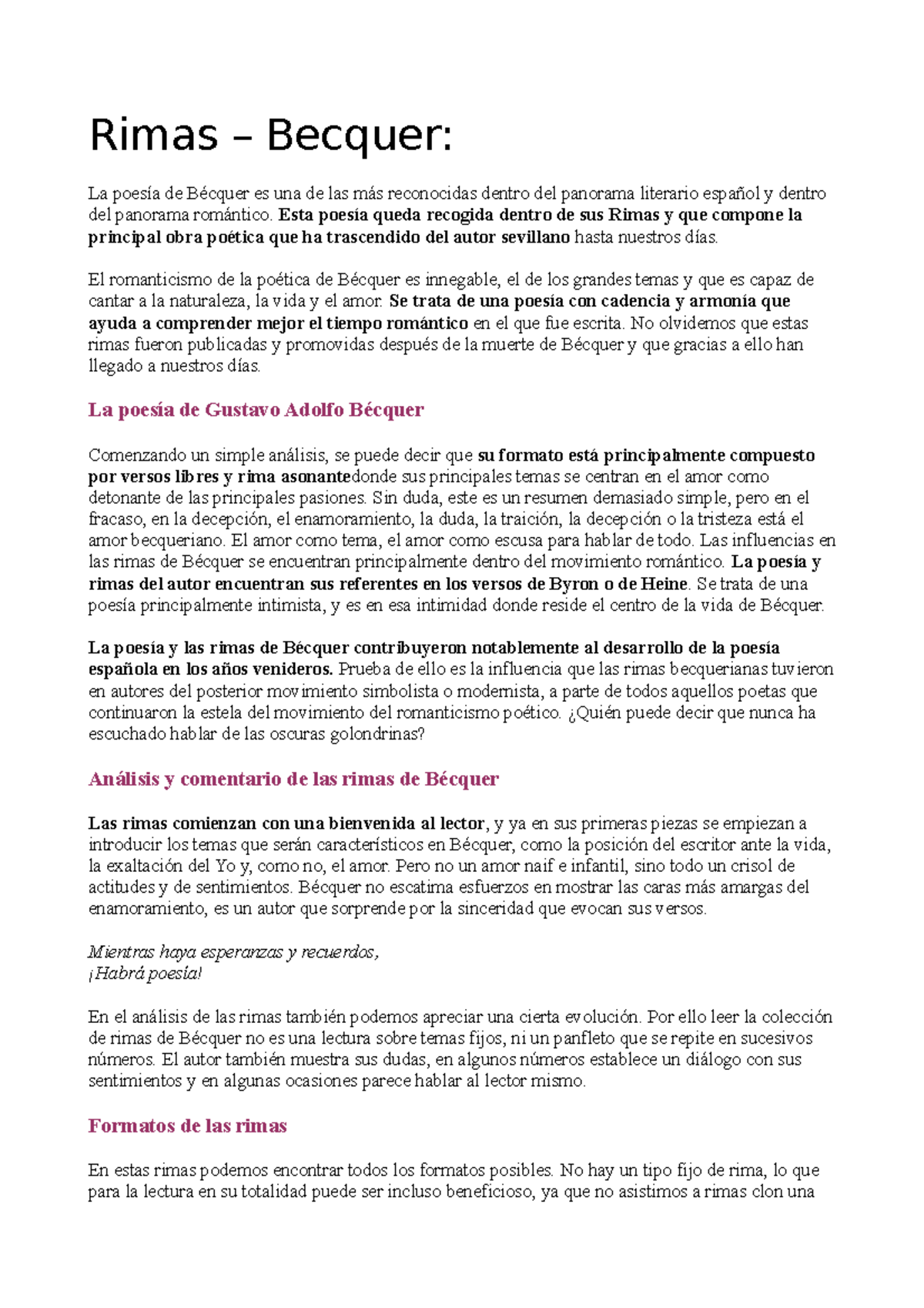Rimas - resumen - Rimas – Becquer: La poesía de Bécquer es una de las ...