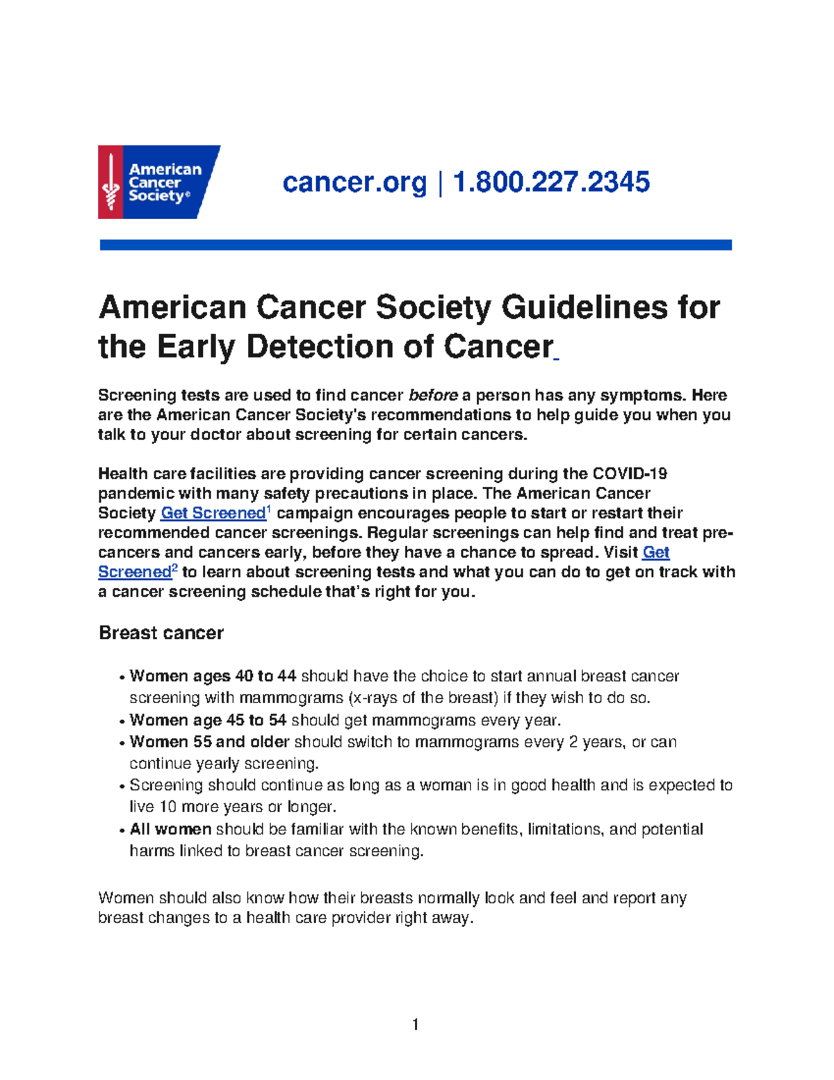 ACS screening guidelines - cancer | 1.800. American Cancer Society ...