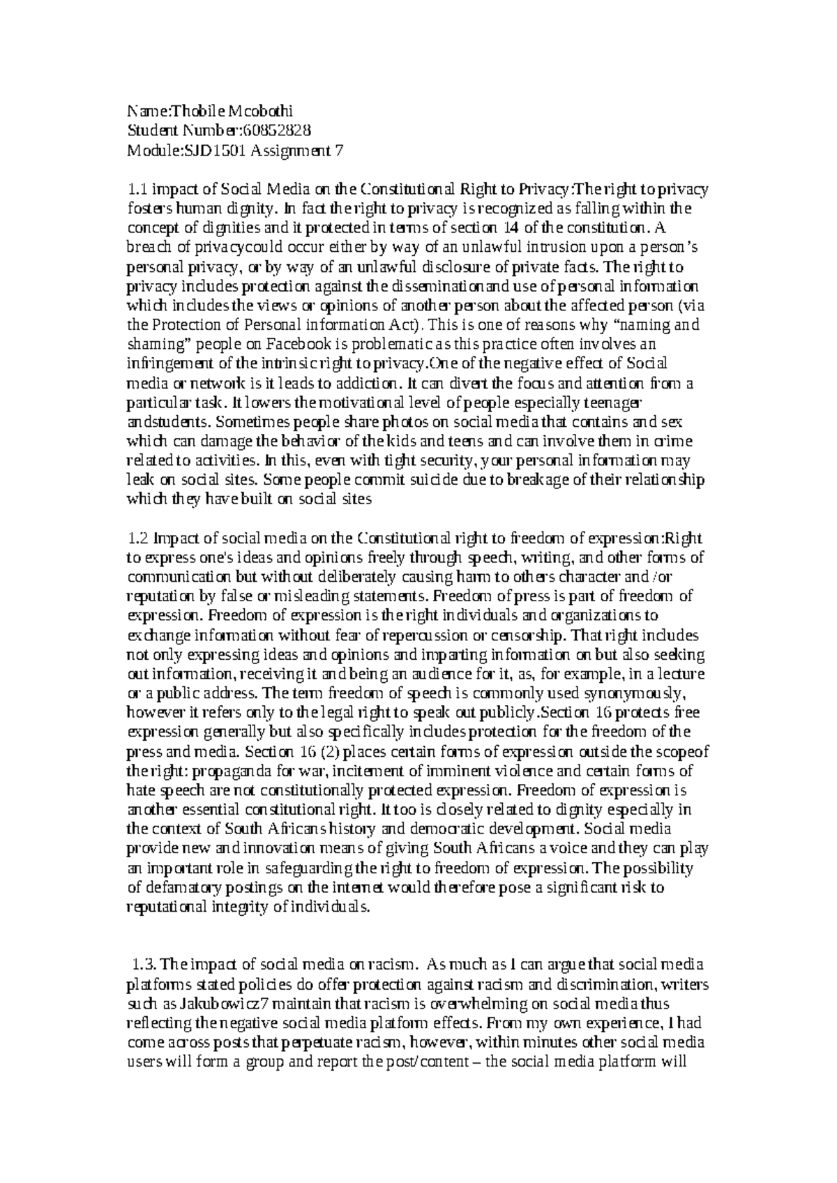 Sjd7 - Assignment - Name:Thobile Mcobothi Student Number: Module ...