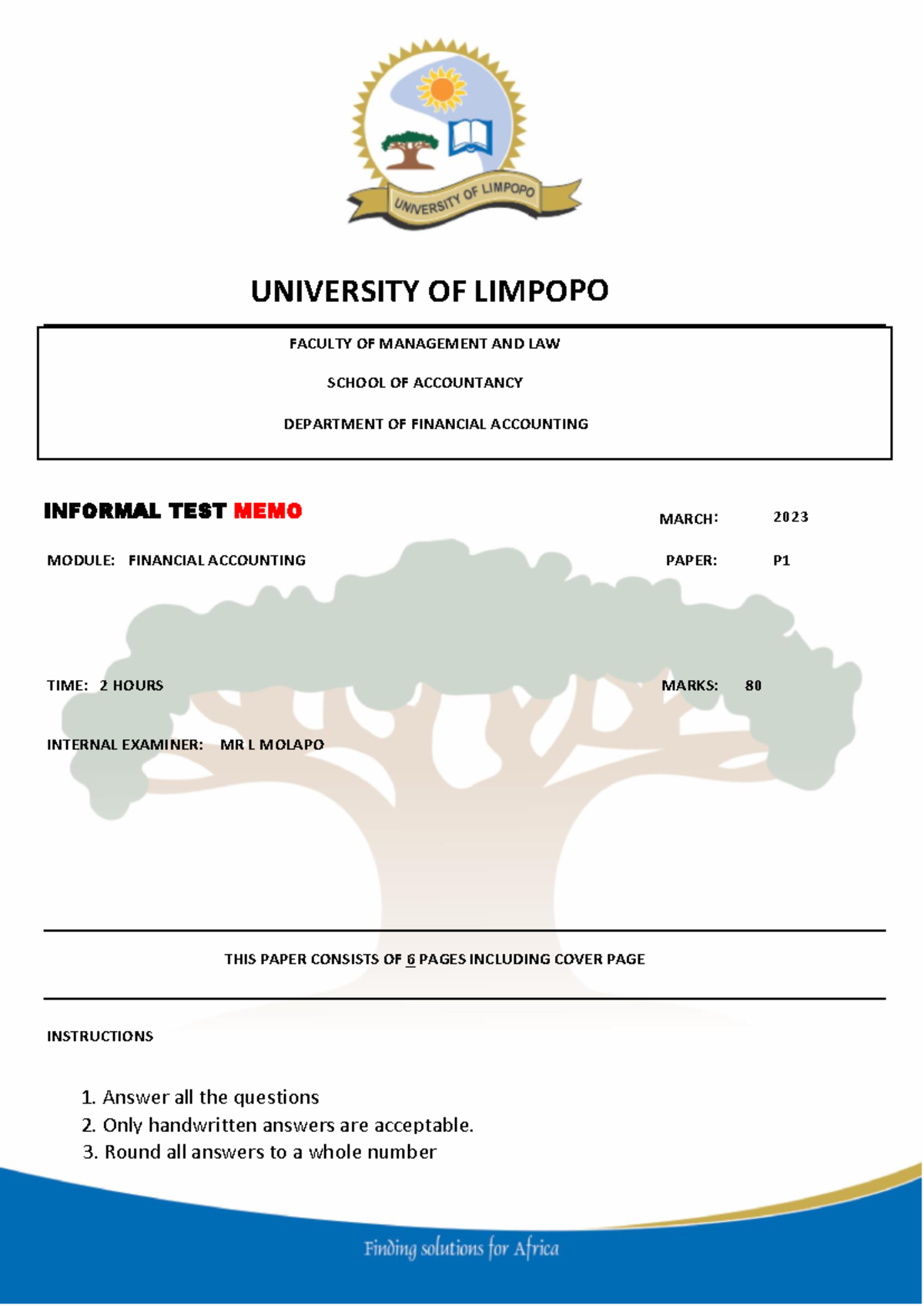 Accounting Test 1 File MEMO - UNIVERSITY OF LIMPOPO FACULTY OF ...