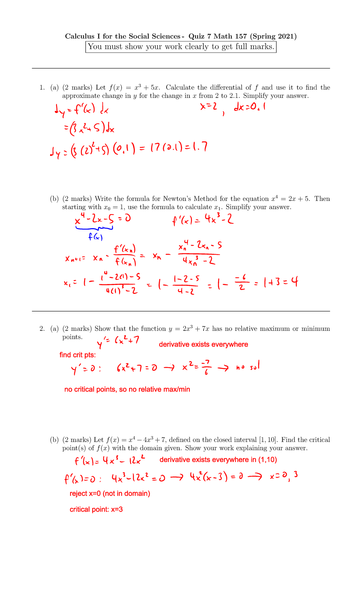 157q7-solutions - exam - Calculus I for the Social Sciences - Quiz 7 ...